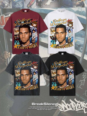 坎耶 维斯特 College Dropout 美式复古重磅纯棉宽松短袖T恤男女