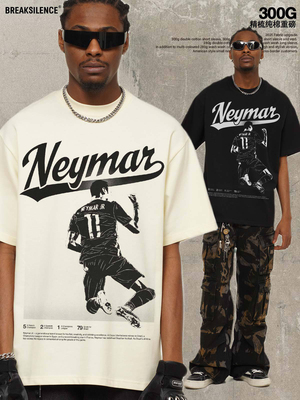 美式复古内马尔Neymar bootleg印花重磅纯棉宽松小领口短袖T恤男