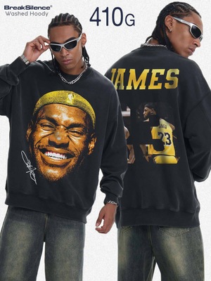 詹姆斯 LeBron James美式炒雪花直喷印花水洗重磅宽松圆领卫衣男