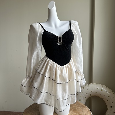 【晚风】小香风赫本连体裙式泳衣显瘦遮肚泡温泉海边度假泳衣5126