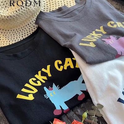 一只lucky小猫印花圆领正肩短袖