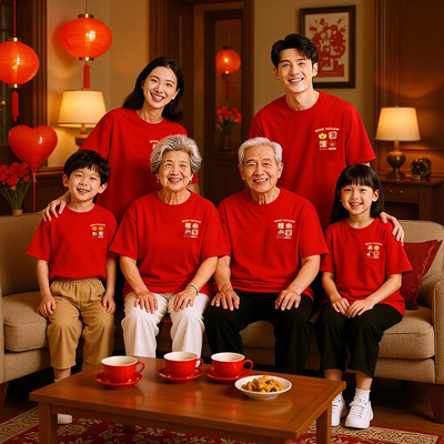 马年过年亲子装母女母子装好寓意纯棉短袖T恤一家五六口聚会团服