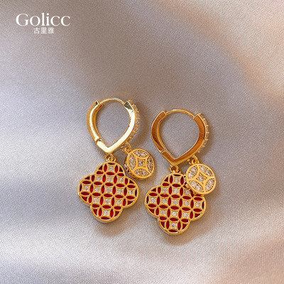 金色微镶钱币四叶草耳扣耳环