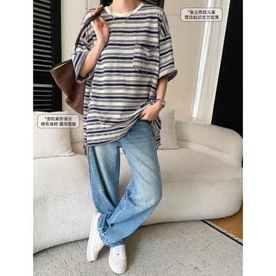 研衣社 复古撞色条纹圆领单口袋宽松休闲短袖T恤