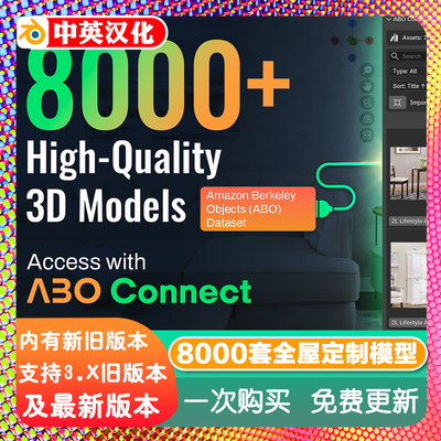 blender插件中文 Abo Connect 8000+高质量全屋定制3D模型资源库