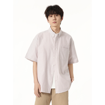 美式复古咖啡条纹短袖衬衫