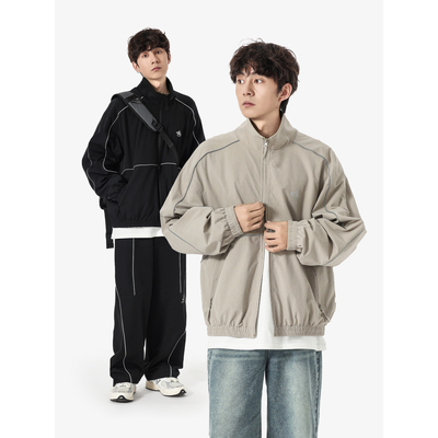 反光条拼接秋冬宽松立领夹克