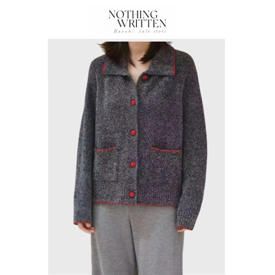 【现货】Nothing Written Narchi灰色翻领针织开衫女撞色玫红毛衣