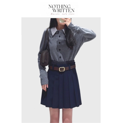 【现货】Nothing Written Narchi学院减龄女假两件针织开衫百褶裙