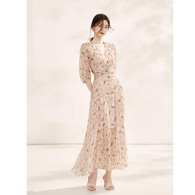 BTRS M丨桑蚕丝碎花连衣裙女2026新款泡泡袖轻盈透气飘逸真丝长裙