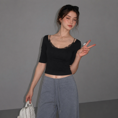 夏季纯欲U领蕾丝假两件显瘦t恤女