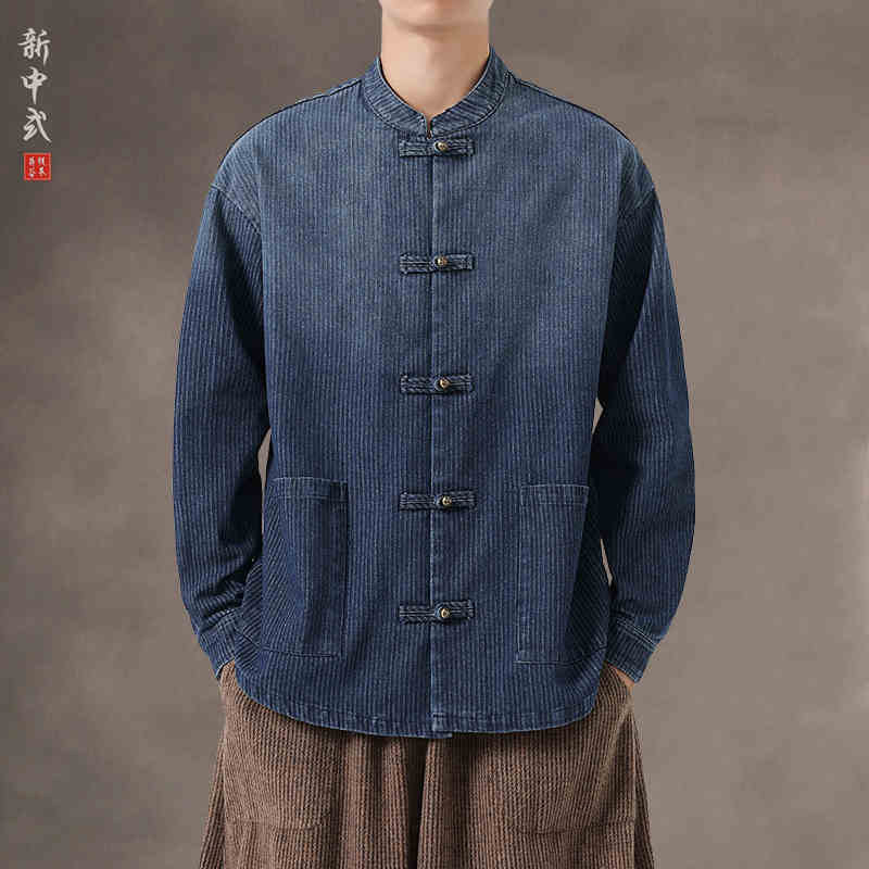 秋冬款中式大码条纹铜扣牛仔唐装外套国潮复古盘扣渐变中山装夹克