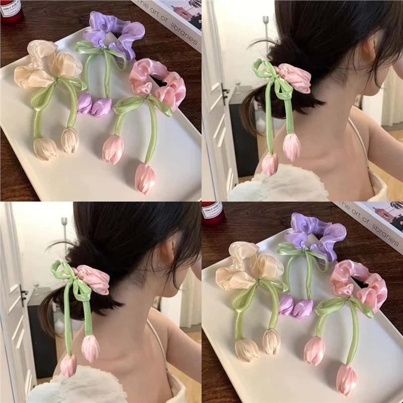 郁金香飘带花朵大肠发圈女橡皮筋扎马尾头绳头饰高级感丸子头发绳