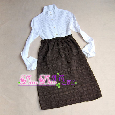 褶皱高腰不包括有大码棕色半裙