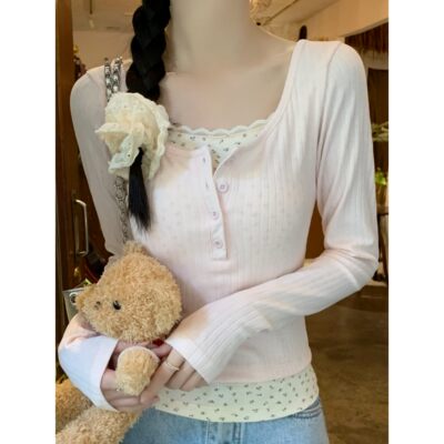 假两件蕾丝花边打底衫春