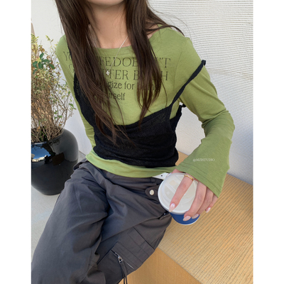 MZI STUDIO纯黑吊带背心字母印花舒适软糯长袖套装