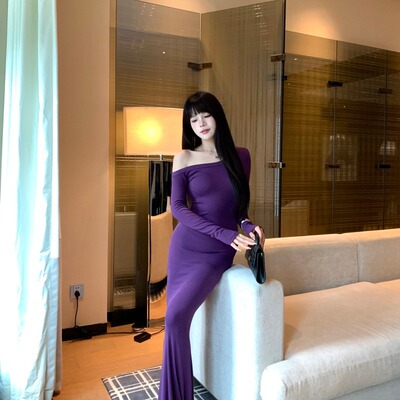 御姐范性感纯欲斜肩辣妹高弹斜肩款收腰显身材比例长袖鱼尾连衣裙