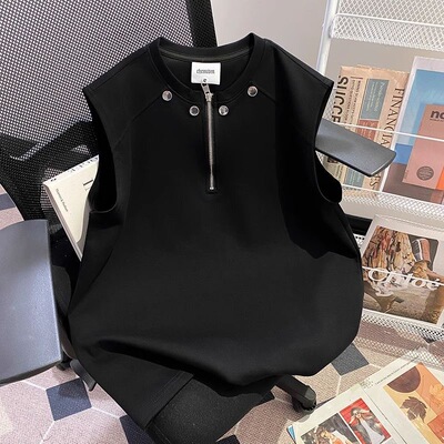 2026黑色半拉链铆钉背心男女款夏季百搭痞帅无袖T恤设计坎肩潮牌