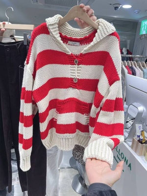 直邮 首尔印象韩代 25fw CELLONA 松弛感小翻领撞色条纹套头毛衣