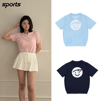 韩国代购Pivvee高尔夫球服26春夏女图案轻盈舒适翻领短袖针织衫