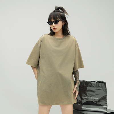 水洗做旧纯色圆领短袖T恤女