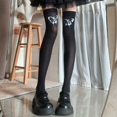 高筒天鹅绒洛丽塔印花蝴蝶过膝袜