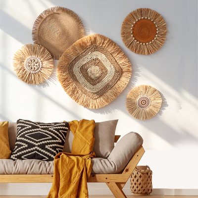 北欧ins手工拉菲草草编壁饰客厅卧室墙壁装饰挂件软装壁饰家居