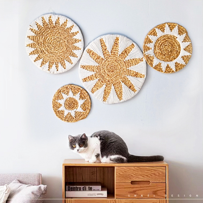 北欧ins手工编织草编编织圆形装饰壁饰客厅卧室墙壁挂件软装壁饰