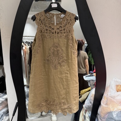 欧洲站2026夏季新款sasa领镂空勾花显瘦减龄中式苎麻连衣裙13354