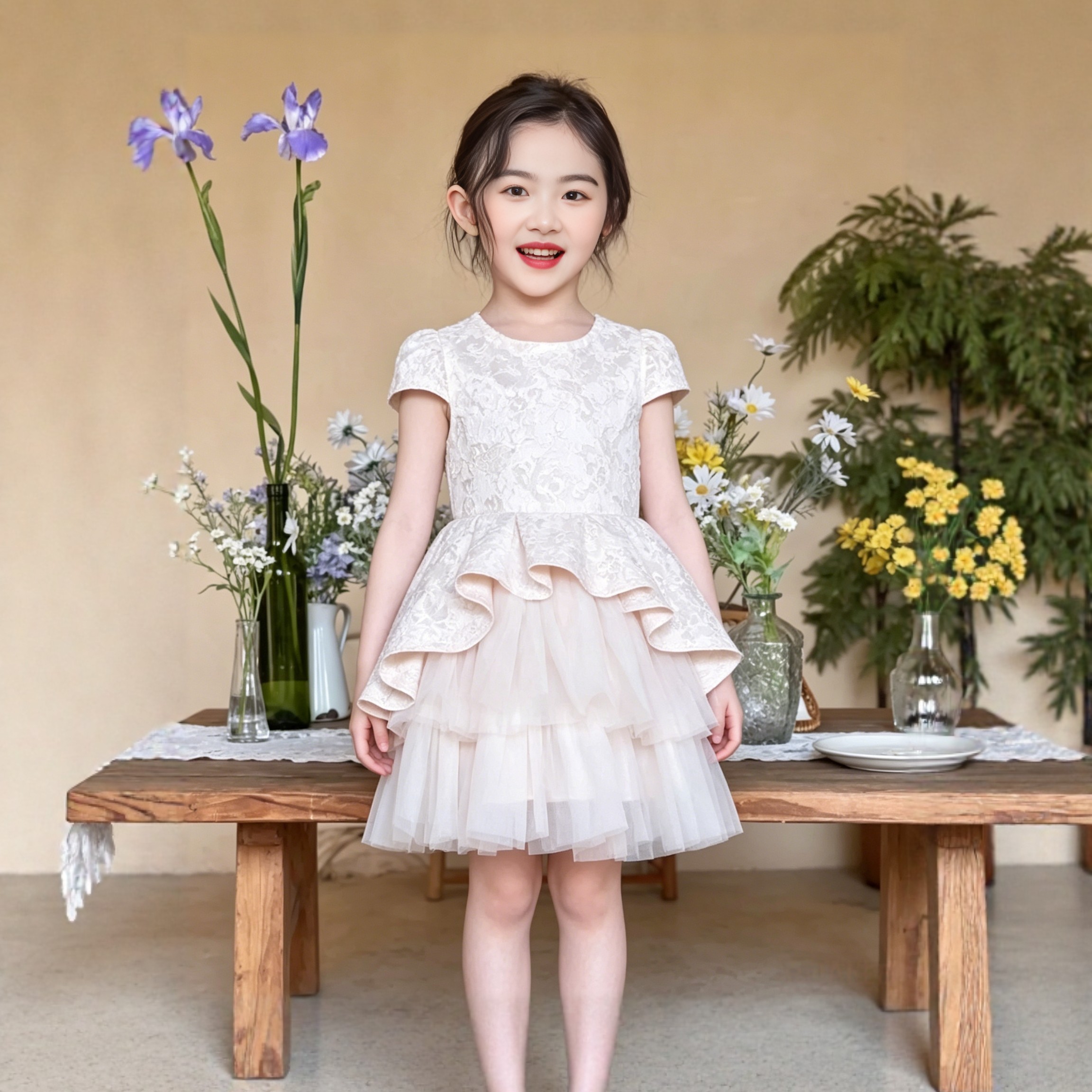 女童公主连衣裙白色网纱拼接连衣裙小女孩生日礼服法式洋气公主裙