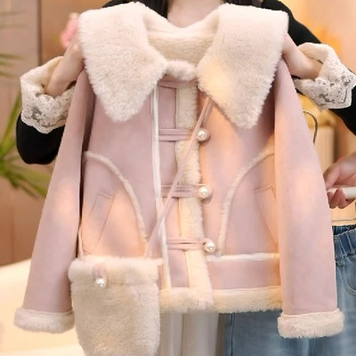 女童皮毛一体外套秋冬2026新款儿童加绒上衣冬装女孩加厚大衣洋气