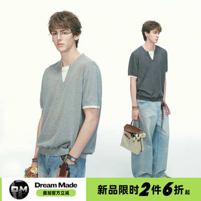 Dream made 人夫感莱赛尔天丝V领正肩假两件T恤男款夏季半袖上衣