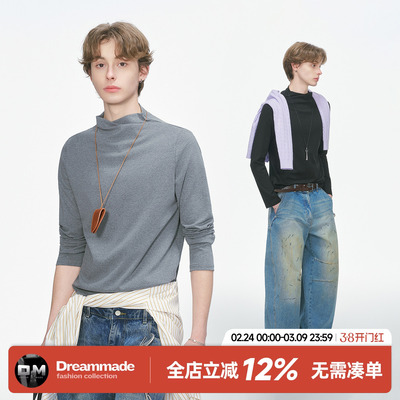 Dream made 美式半高领长袖T恤男春季修身保暖男生内搭打底衫上衣