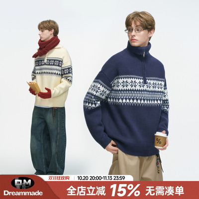 Dream made 半拉链费尔岛翻领提花毛衣男秋季宽松情侣高领针织衫