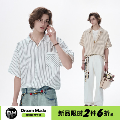 Dream made 高智感白色条纹短袖衬衫男款夏季人夫感穿搭男生衬衣