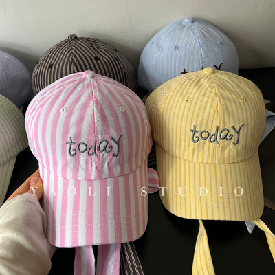 YAOLI美式复古条纹today刺绣棒球帽子女遮阳大头围显脸小鸭舌帽男