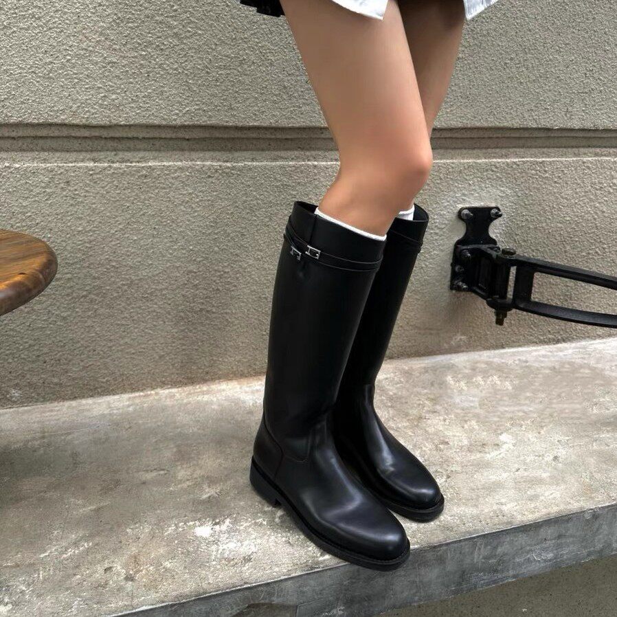 牛皮版~韩版圆头粗跟长筒靴女25年简约百搭气质直筒侧拉链骑士靴