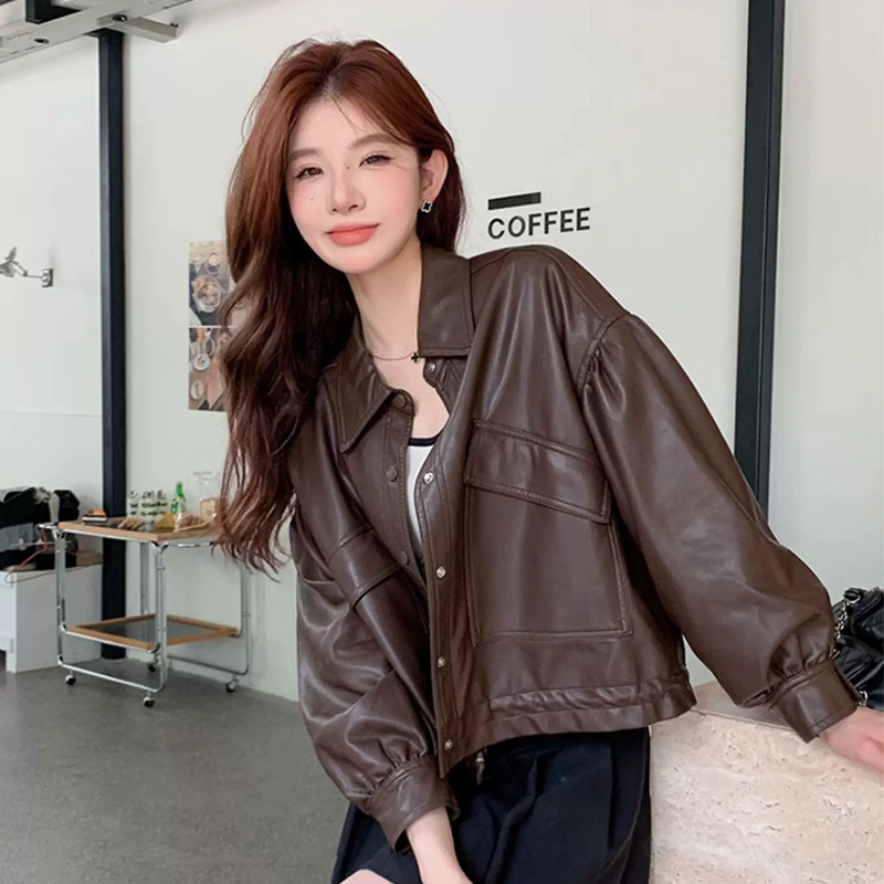 2024新款春秋美式复古皮衣女短款宽松美拉德机车pu皮夹克棕色外套