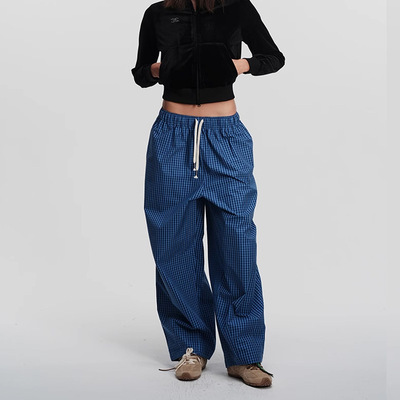ECHOADE时髦随性 宽松简约撞色腰绳自带堆积感设计蓝格阔腿休闲裤