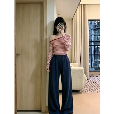 纯欲斜肩条纹修身长袖T恤女