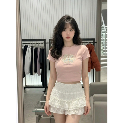 夏季韩系复古刺绣显瘦短袖T恤女