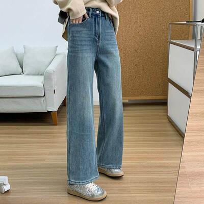 自留强0推加！女225年HZK小个子阔腿裤软糯绒弹力宽松直筒牛仔裤