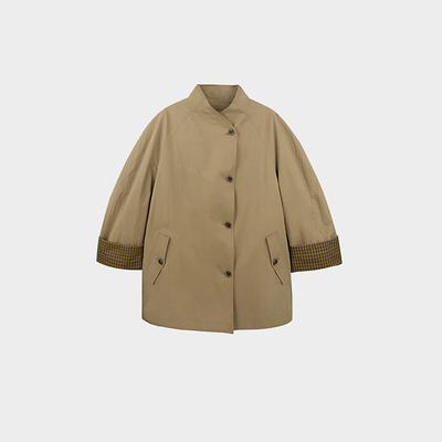 Miss couleur巴恩风风衣立领格纹翻边宽松外套MC26SS005