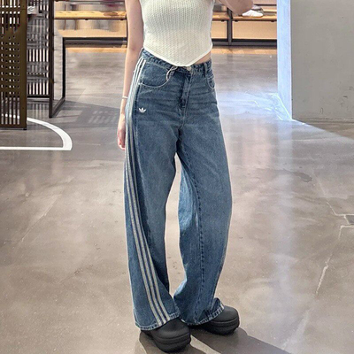 Adidas阿迪达斯宋雨琦同款休闲阔腿直筒牛仔裤女运动扭扭裤JN0726