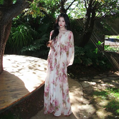 ICELOLLY海边穿搭粉色碎花小个子薄纱连衣裙女初夏独特漂亮长裙子