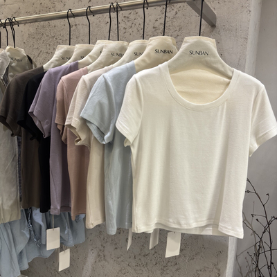 韩版亲肤柔软短袖正肩T恤女高弹力显瘦纯色小个子打底衫内搭上衣
