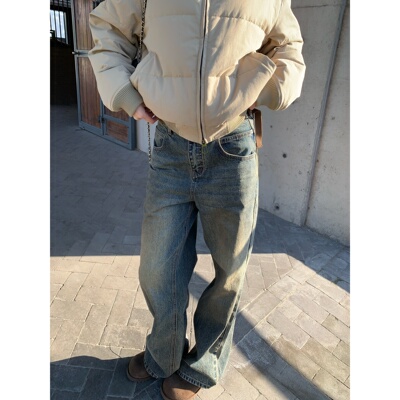 skibyTannin猫须水洗牛仔裤