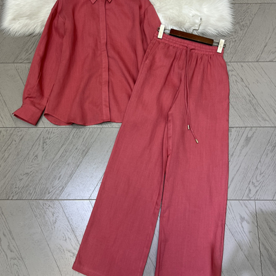 布谷-洗纯亚麻套装巨显白玫粉色小衫衬衫+休闲裤套装A9885
