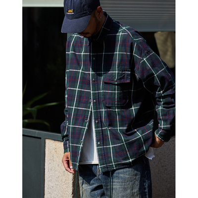 日系复古男士长袖格子衬衫