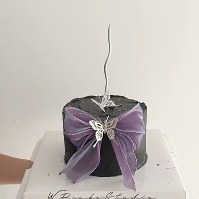 2024新款珠光烟紫色蛋糕装饰丝带pet蝴蝶炫彩黑金银曲线蜡烛装扮